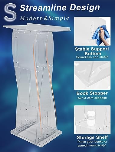 HODLBIT Upgraded Acrylic Podium Stand, Pulpits for Churches, 47.5inch Modern Lecterns & Podiums with Storage Shelf for Classroom, Weddings, Professional Presentation Podiums, Easy Assembly