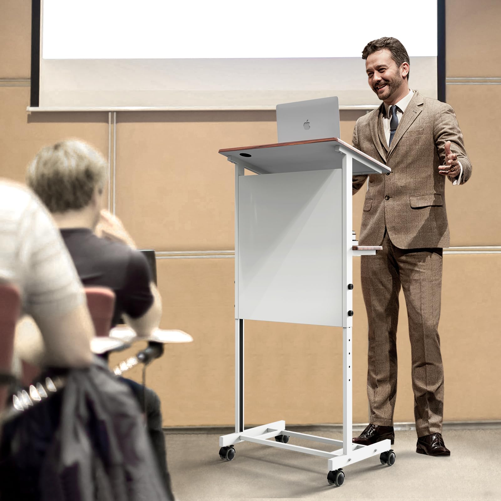 VINGLI Portable Podium Stand, Height Adjustable Lectern Podium with Shelf for Reports, Mobile Stand Up Lectern, Rolling Pulpits for Church with Edge Stopper (White/Brown, 24'' Wide)