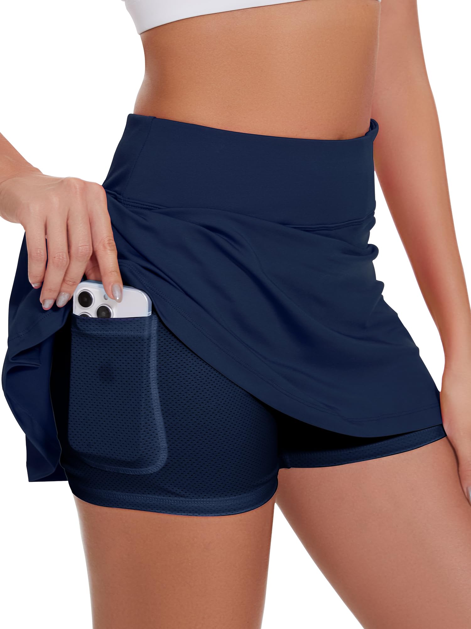 Pleated Tennis Skirt Golf Skort for Women with Pockets Shorts Athletic Workout Running Skirt Ruffle on Back (Navy Blue, Medium)