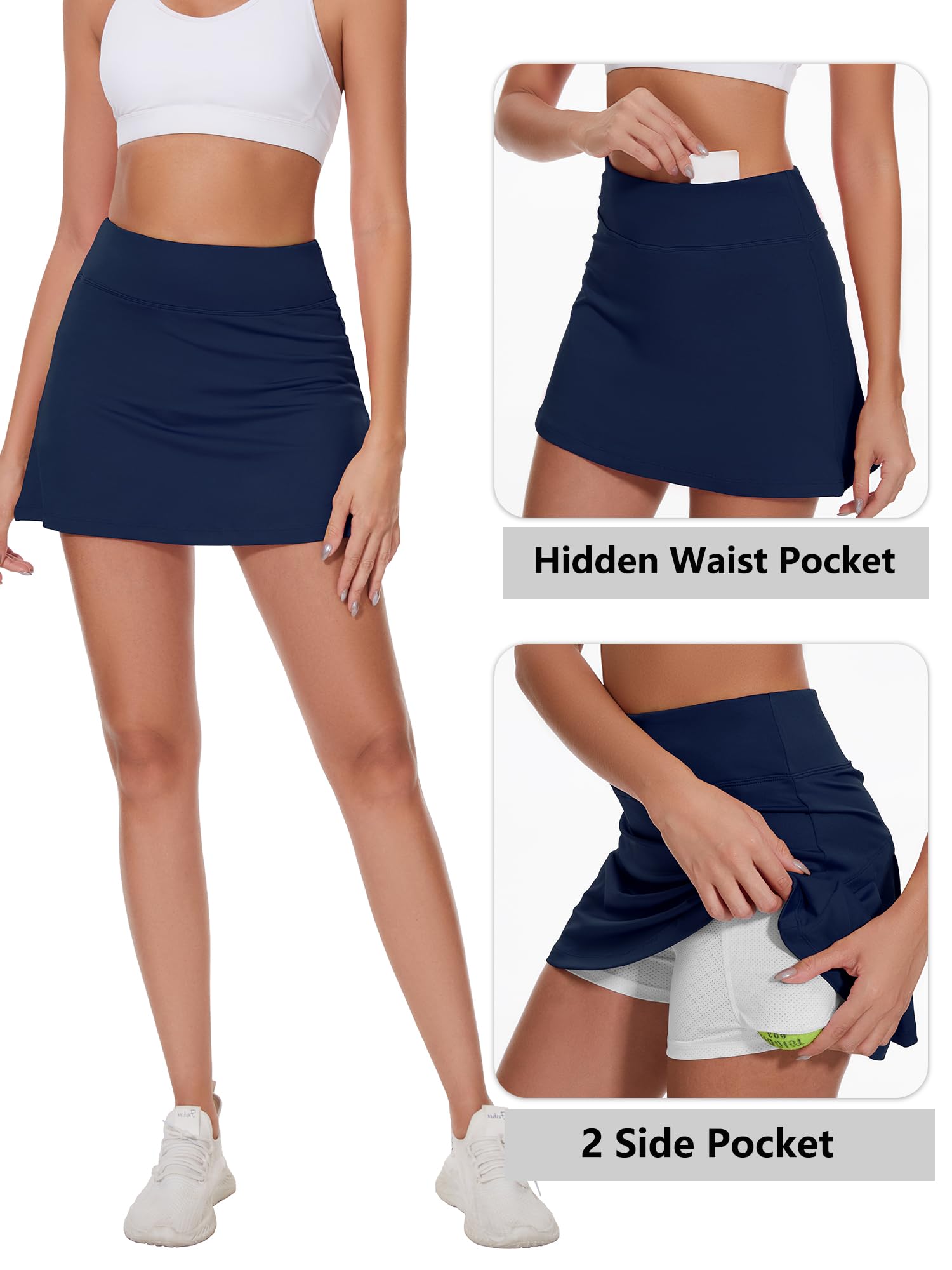 Pleated Tennis Skirt Golf Skort for Women with Pockets Shorts Athletic Workout Running Skirt Ruffle on Back (Navy Blue, Medium)