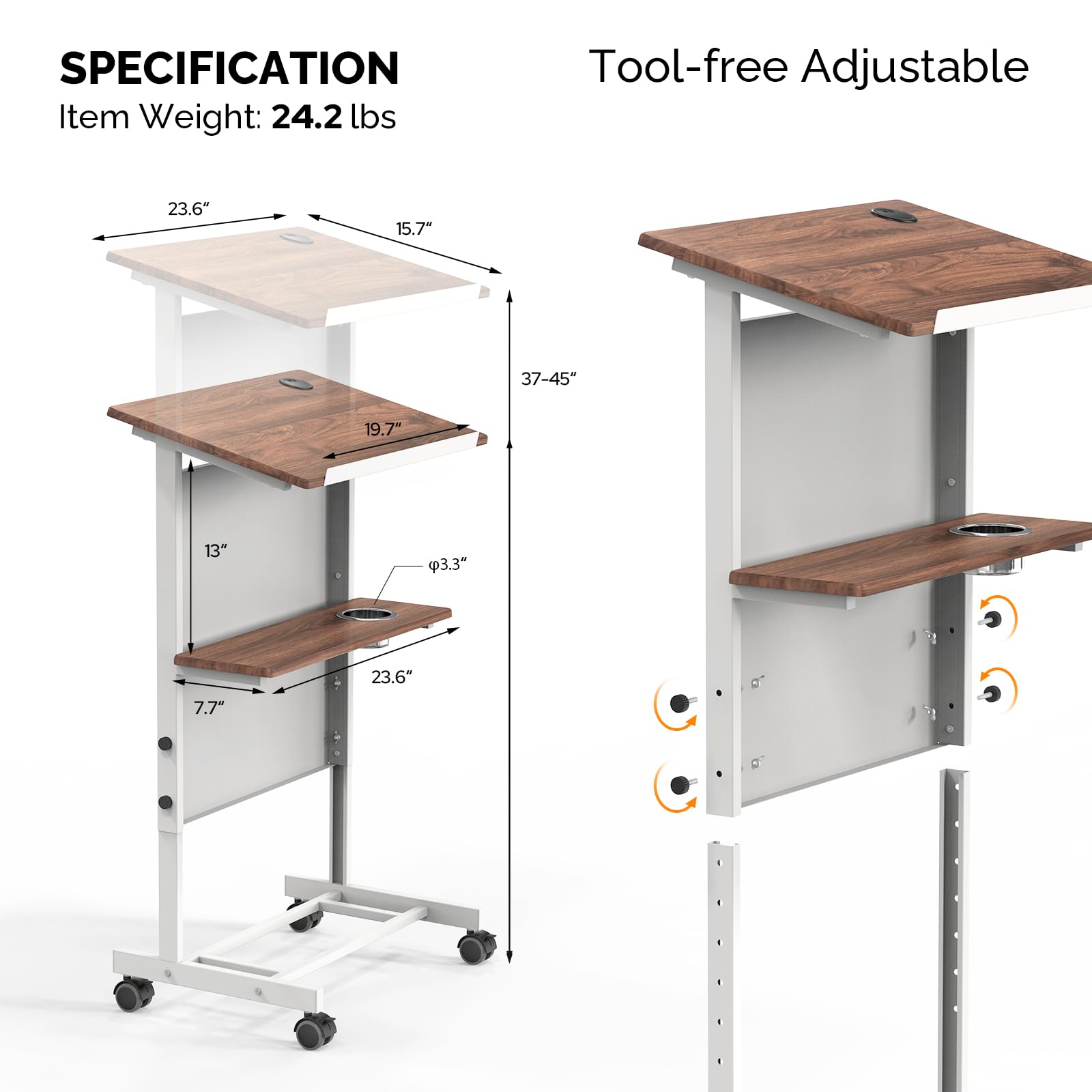 VINGLI Portable Podium Stand, Height Adjustable Lectern Podium with Shelf for Reports, Mobile Stand Up Lectern, Rolling Pulpits for Church with Edge Stopper (White/Brown, 24'' Wide)