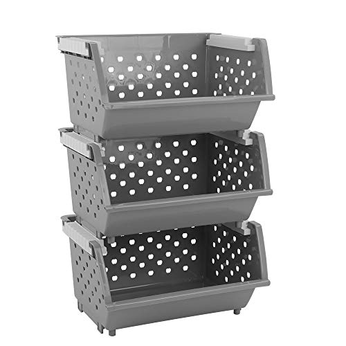 Ggbin 3-Pack Plastic Stackable Storage Bins, Gray Multi-functional Stacking Basket