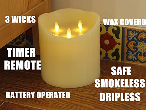 NONNO & ZGF XL-Flameless Wax 6inch High Candle with 3 - Wicks Moving, Led Battery Operated Candles with Remote Control and Timer Function, Ivory