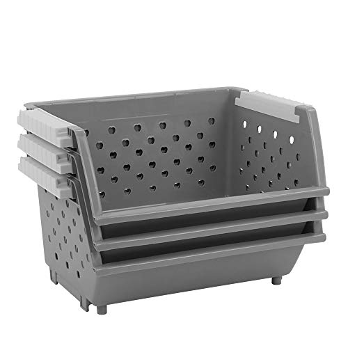 Ggbin 3-Pack Plastic Stackable Storage Bins, Gray Multi-functional Stacking Basket