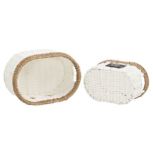 Household Essentials Natural Rim Oval Set Paper Rope and Seagrass (2 Piece) Small Wicker Basket, White