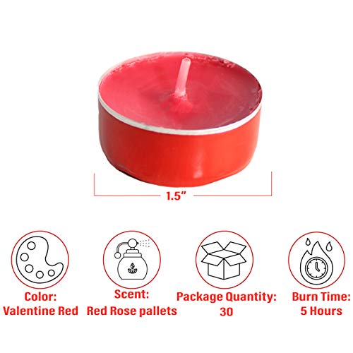 CandleNScent Richly Scented Tealight Candles, 30 Pack Tea Lights - Valentines Day | Red Rose Petals Fragrance - Floral Collection, Made in USA.