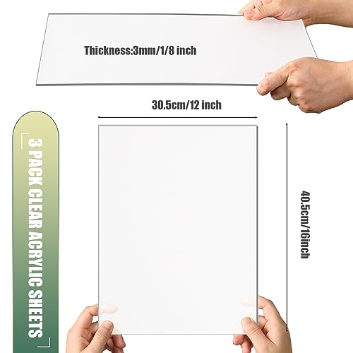 3 Pack Clear Acrylic Sheets Cast Plexiglass 12x16x1/8 Inch-3 mm Clear Plexiglass Plastic Sheet Transparent Acrylic PET Boards Panel Glass Replacement for Craft, Photo Frame, DIY Display Projects, Sign