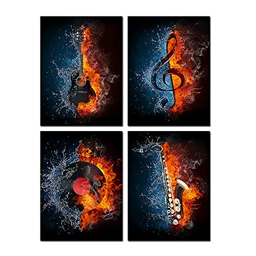 VVOVV Wall Decor - 4 Panel Music Canvas Painting Water and Fire Instrument Series Picture Prints Electric Guitar,Music Note,Saxophone and Turntable Wall Art (Music Wall Art)