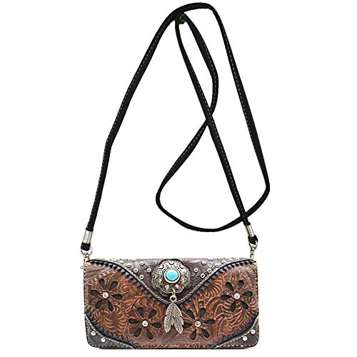 Tooled Leather Laser Cut Flower Feather Purse Studs Country Western Handbag Women Shoulder Bag Wallet Set (Coffee 2)