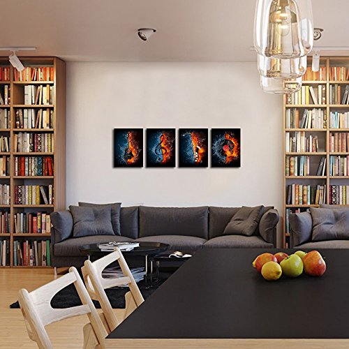 VVOVV Wall Decor - 4 Panel Music Canvas Painting Water and Fire Instrument Series Picture Prints Electric Guitar,Music Note,Saxophone and Turntable Wall Art (Music Wall Art)