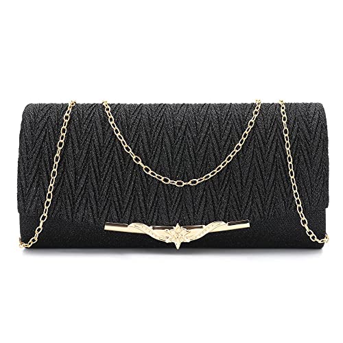 Evening Clutch Purses for Women Small Envelope Glitter Party Wedding Handbag Evening Bag with Chain (Black)