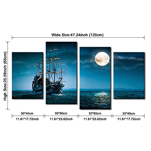 Pyradecor Night Navigation 4 Piece Modern Stretched and Framed Seascape Artwork Giclee Canvas Prints Moon Pictures Paintings on Canvas Wall Art for Living Room Bedroom Home Decorations
