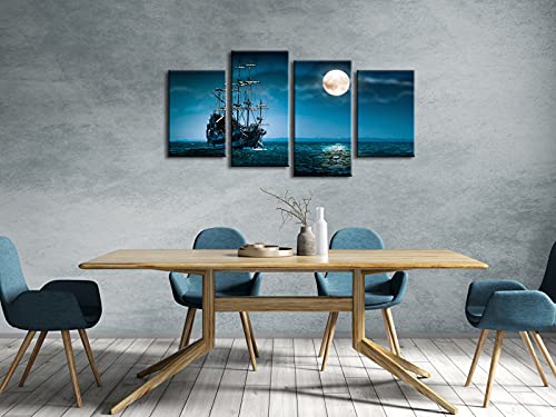 Pyradecor Night Navigation 4 Piece Modern Stretched and Framed Seascape Artwork Giclee Canvas Prints Moon Pictures Paintings on Canvas Wall Art for Living Room Bedroom Home Decorations