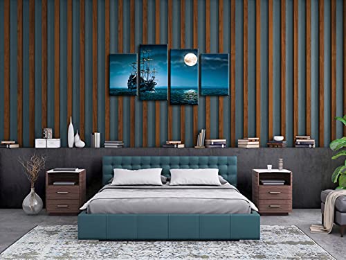 Pyradecor Night Navigation 4 Piece Modern Stretched and Framed Seascape Artwork Giclee Canvas Prints Moon Pictures Paintings on Canvas Wall Art for Living Room Bedroom Home Decorations