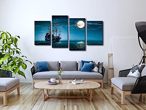 Pyradecor Night Navigation 4 Piece Modern Stretched and Framed Seascape Artwork Giclee Canvas Prints Moon Pictures Paintings on Canvas Wall Art for Living Room Bedroom Home Decorations
