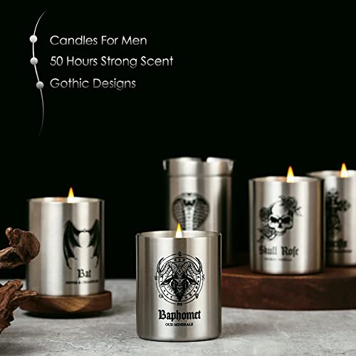MASPRIV Gothic Scented Candle for Men - Rich Manly Scents, 50+ Hours Burn Time, Stainless Steel Tin with Popular Designs. Ideal Gift for Him(Oud Minerale)