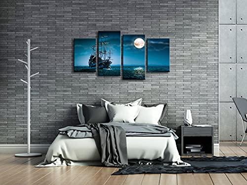 Pyradecor Night Navigation 4 Piece Modern Stretched and Framed Seascape Artwork Giclee Canvas Prints Moon Pictures Paintings on Canvas Wall Art for Living Room Bedroom Home Decorations