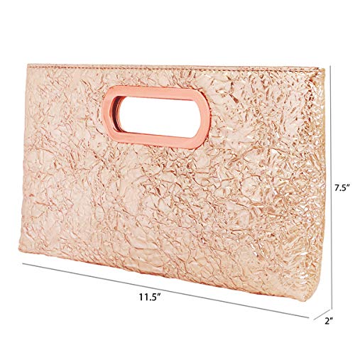Crushed Metallic Top Handle Clutch, Rose Gold
