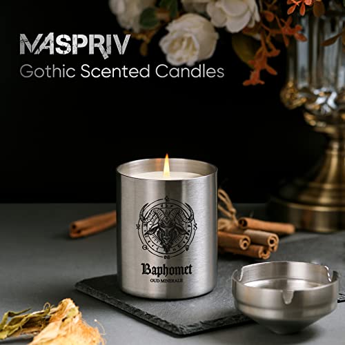 MASPRIV Gothic Scented Candle for Men - Rich Manly Scents, 50+ Hours Burn Time, Stainless Steel Tin with Popular Designs. Ideal Gift for Him(Oud Minerale)