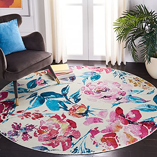 SAFAVIEH Lillian Collection 6'7" Round Ivory / Rose LLN376A Colorful Boho Non-Shedding Dining Room Entryway Foyer Living Room Bedroom Area Rug