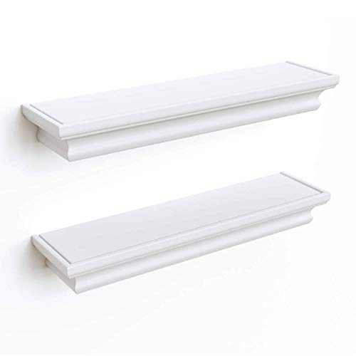 Ballucci Set of 2 Classic Floating Wall Shelves, Wooden Wall Mounted Ledges for Living Room, Bedroom, Bathroom, Kitchen, Office; 16 Inches - White