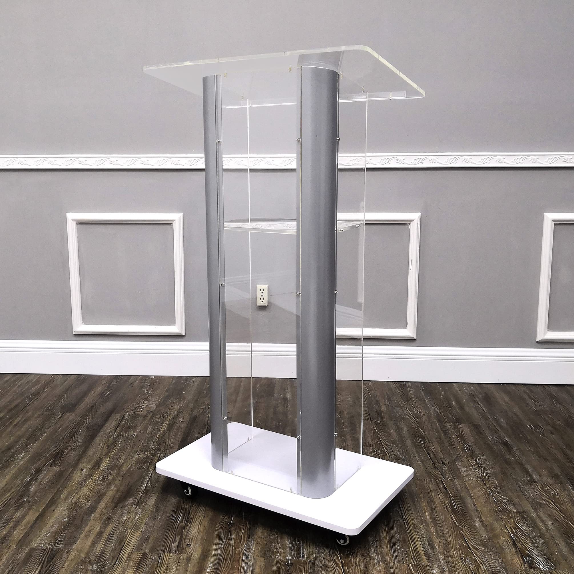 FixtureDisplays Clear Acrylic Plexiglass Podium Curved Steel Sides Church Pulpit School Lectern Debate Funeral Home Conference 14310-NF