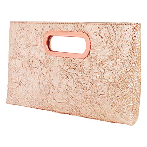 Crushed Metallic Top Handle Clutch, Rose Gold