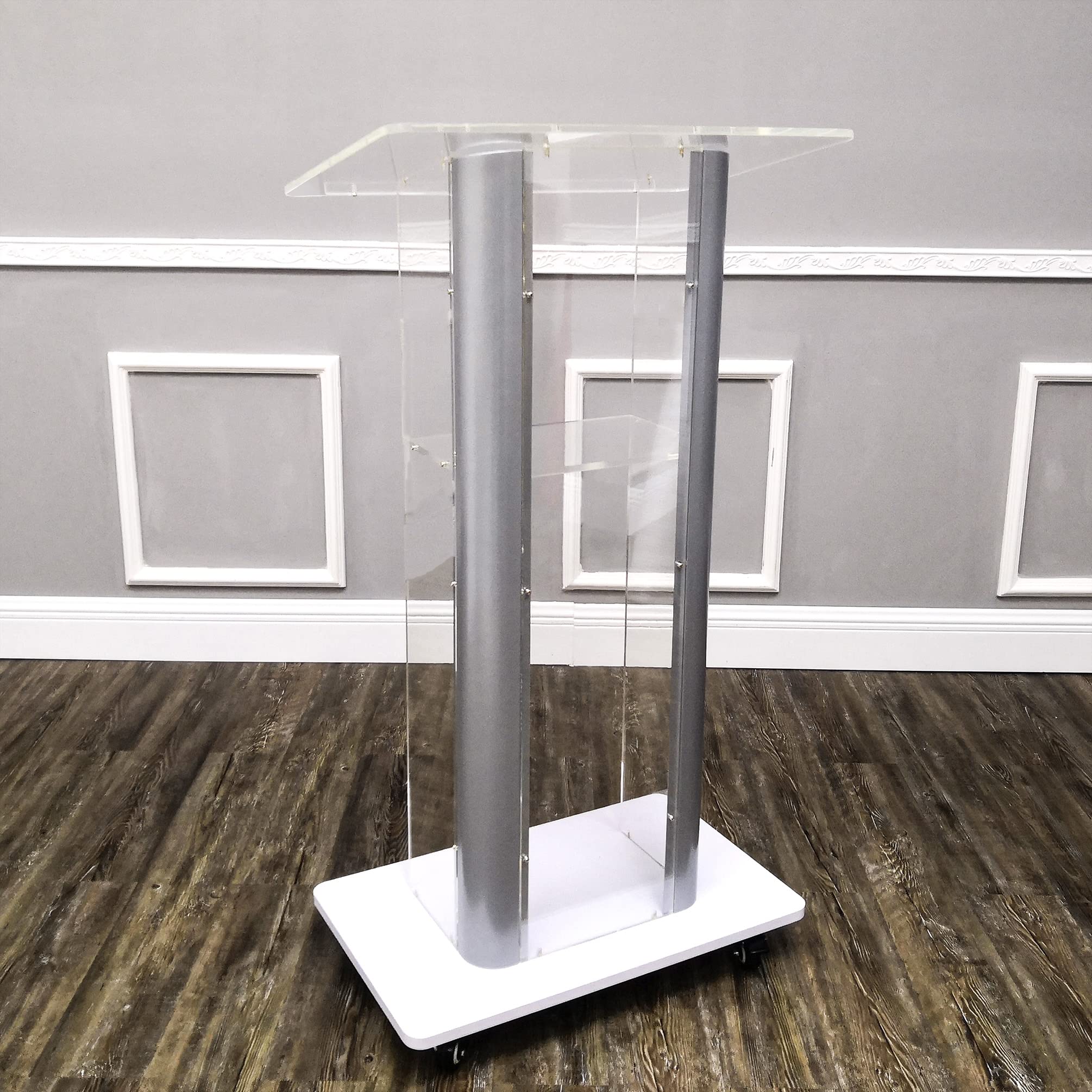 FixtureDisplays Clear Acrylic Plexiglass Podium Curved Steel Sides Church Pulpit School Lectern Debate Funeral Home Conference 14310-NF