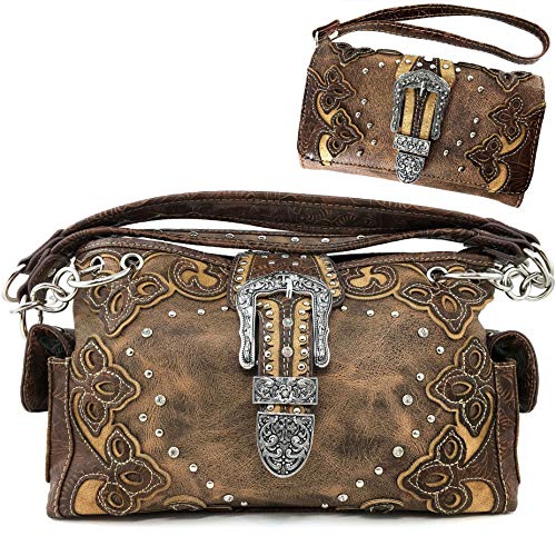 Justin West Gleaming Western Tooled Rhinestone Buckle Floral Embroidery Chain Shoulder Handbag Purse Concealed Carry (Brown handbag and wallet)