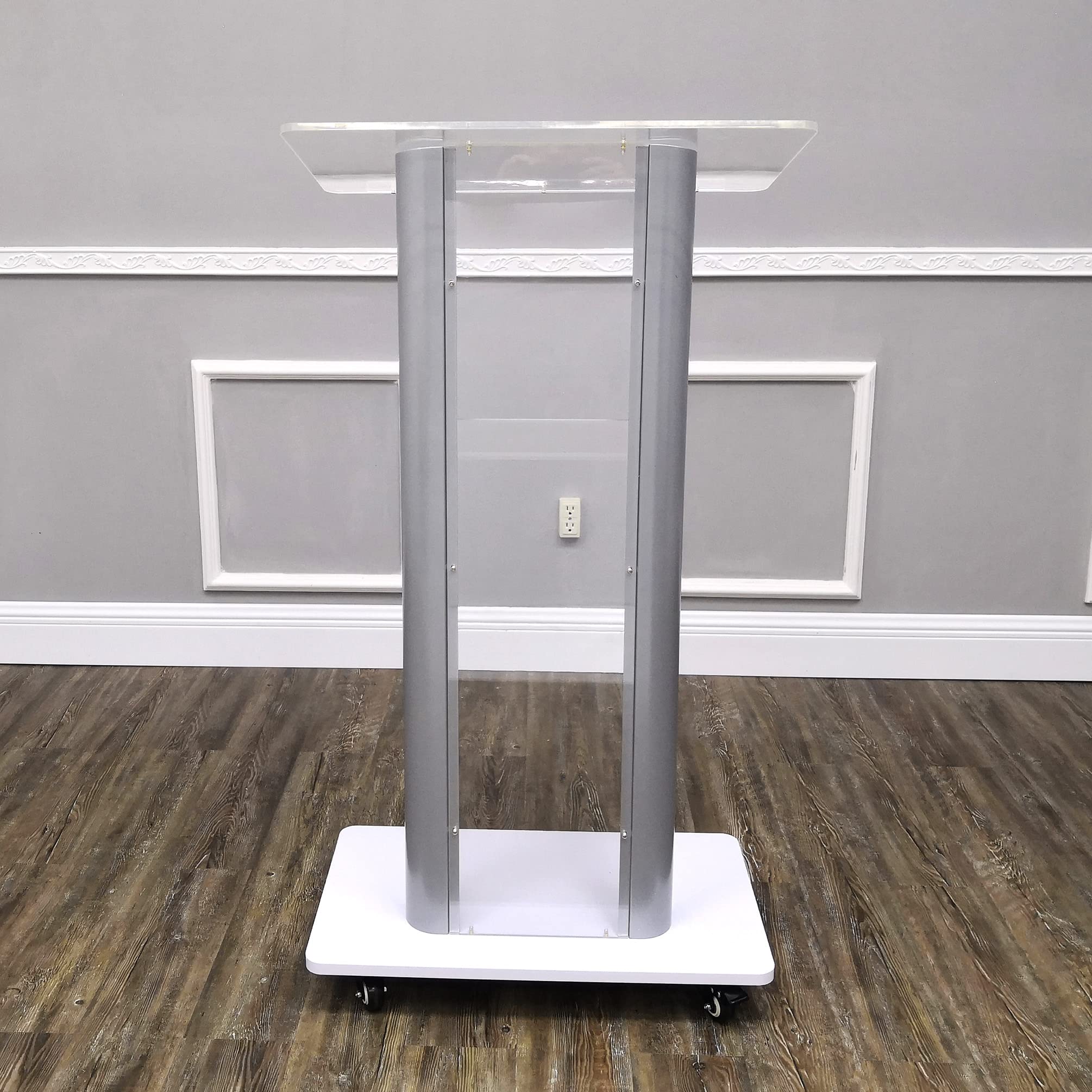 FixtureDisplays Clear Acrylic Plexiglass Podium Curved Steel Sides Church Pulpit School Lectern Debate Funeral Home Conference 14310-NF