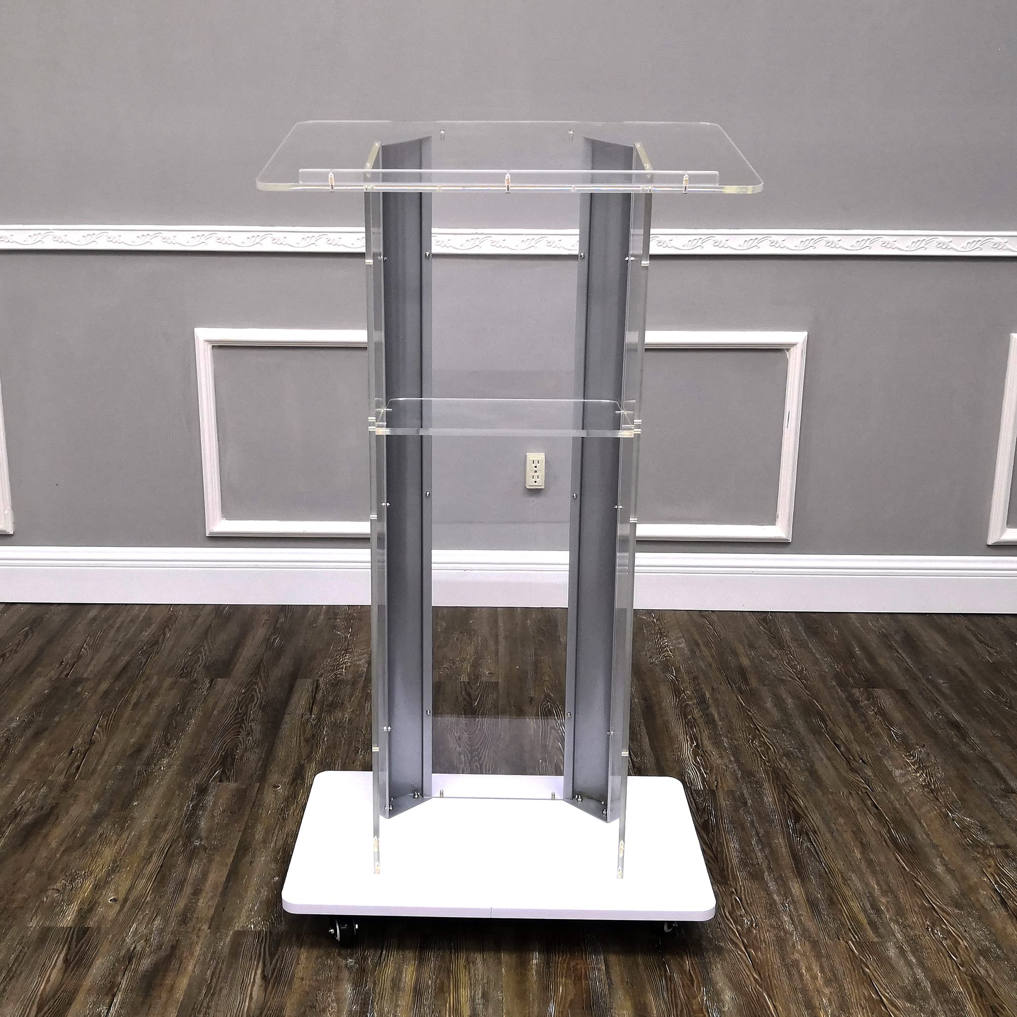 FixtureDisplays Clear Acrylic Plexiglass Podium Curved Steel Sides Church Pulpit School Lectern Debate Funeral Home Conference 14310-NF