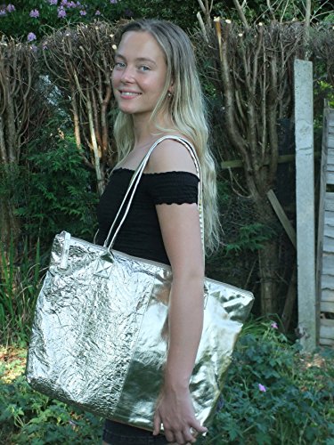 LONI Womens Metallic Faux Leather Tote Shoulder Beach Holiday Bag in Gold