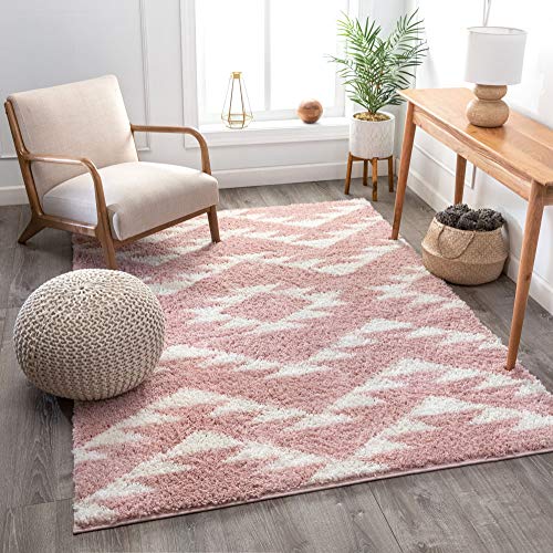 Well Woven Tribal Diamond Medallion Blush Pink Soft Shag Area Rug 5x7 (5'3"x7'3")