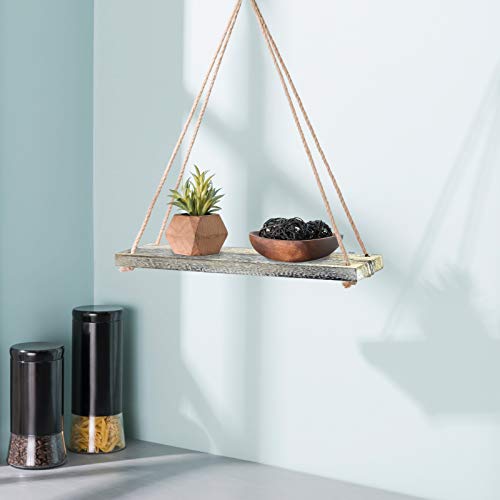 EXCELLO GLOBAL PRODUCTS Rustic Distressed Wood Hanging Shelves: 17-Inch with Swing Rope Floating Shelves (Whitewashed - Pack of 3)