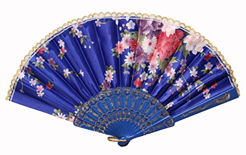 REINDEAR Multi-Pattern Decoration Fabric Flower Print Foldable Silk Lace Trim Hand Fan (3 Pcs, Silk)