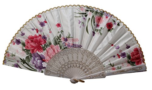 REINDEAR Multi-Pattern Decoration Fabric Flower Print Foldable Silk Lace Trim Hand Fan (3 Pcs, Silk)