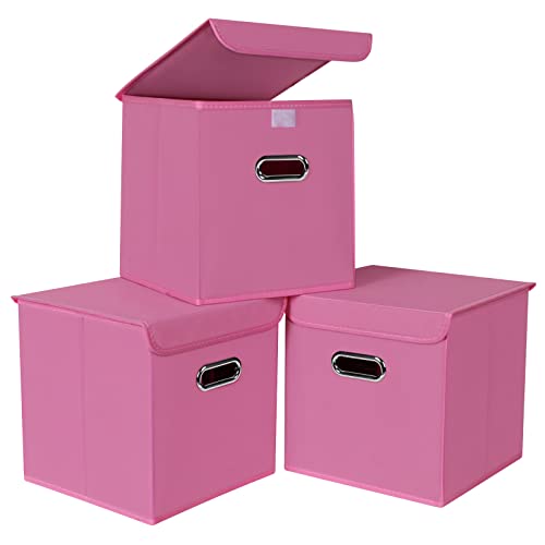 NieEnjoy Closet Organizers Fabric Storage Cube Bins with Lids collapsible storage bins basket with Handles ,Storage Boxes for Organizing,3 Pack (Pink)