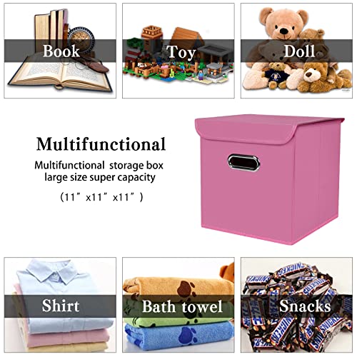 NieEnjoy Closet Organizers Fabric Storage Cube Bins with Lids collapsible storage bins basket with Handles ,Storage Boxes for Organizing,3 Pack (Pink)