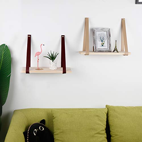 YOYAI Leather Strap Wood Floating Wall Shelf Wooden Shleves Wall Organizer Wall Mount Shelf Home Decor Kitchen Living Room Bedroom(Beige Set of 2)