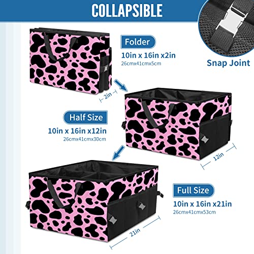 Car Trunk Organizer Pink And Black Cow Print Spot Car Back Seat Large Storage Organizer with 3 Divider Compartments Collapsible Trunk Cargo Organizer Groceries Tote for SUV Truck Camping Picnic