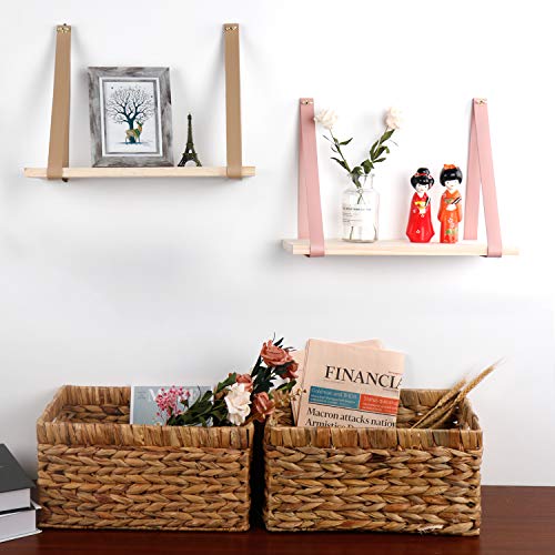 YOYAI Leather Strap Wood Floating Wall Shelf Wooden Shleves Wall Organizer Wall Mount Shelf Home Decor Kitchen Living Room Bedroom(Beige Set of 2)