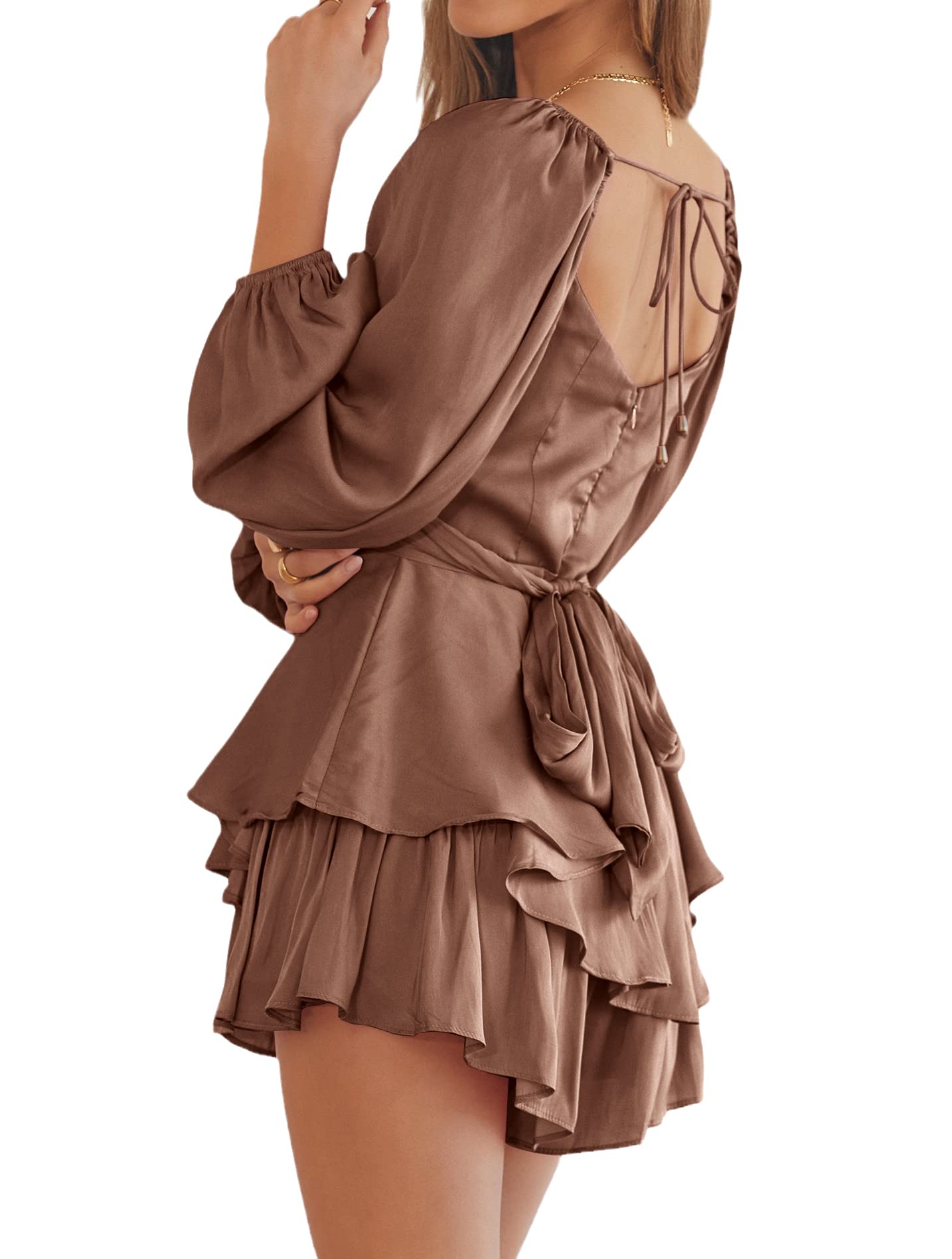 Womens Rompers Off Shoulder Ruffle Hem Short Dress Baggy Bubble Long Sleeve Sexy Flowy Backless Jumpsuit