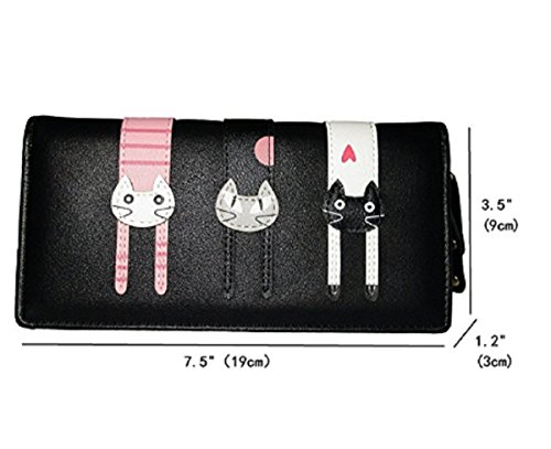 Women's Wallet Cute Cat Wallet Coin Purse Bifold Long Purse with Zipper Black