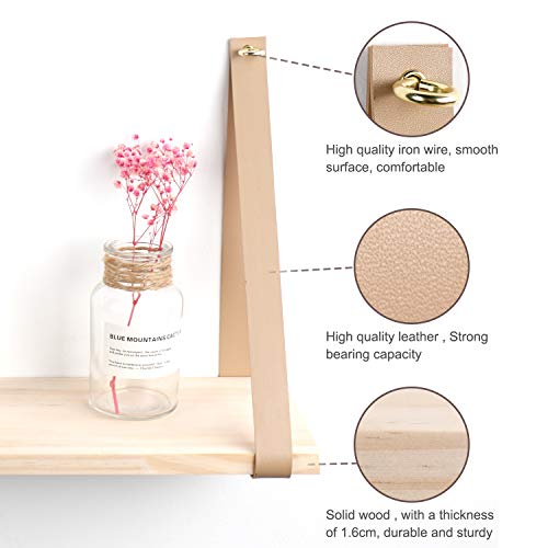 YOYAI Leather Strap Wood Floating Wall Shelf Wooden Shleves Wall Organizer Wall Mount Shelf Home Decor Kitchen Living Room Bedroom(Beige Set of 2)