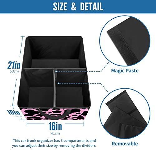 Car Trunk Organizer Pink And Black Cow Print Spot Car Back Seat Large Storage Organizer with 3 Divider Compartments Collapsible Trunk Cargo Organizer Groceries Tote for SUV Truck Camping Picnic