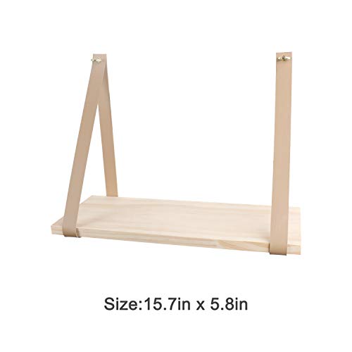 YOYAI Leather Strap Wood Floating Wall Shelf Wooden Shleves Wall Organizer Wall Mount Shelf Home Decor Kitchen Living Room Bedroom(Beige Set of 2)