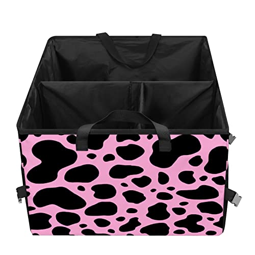 Car Trunk Organizer Pink And Black Cow Print Spot Car Back Seat Large Storage Organizer with 3 Divider Compartments Collapsible Trunk Cargo Organizer Groceries Tote for SUV Truck Camping Picnic