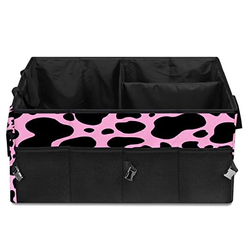 Car Trunk Organizer Pink And Black Cow Print Spot Car Back Seat Large Storage Organizer with 3 Divider Compartments Collapsible Trunk Cargo Organizer Groceries Tote for SUV Truck Camping Picnic