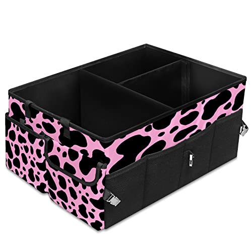 Car Trunk Organizer Pink And Black Cow Print Spot Car Back Seat Large Storage Organizer with 3 Divider Compartments Collapsible Trunk Cargo Organizer Groceries Tote for SUV Truck Camping Picnic