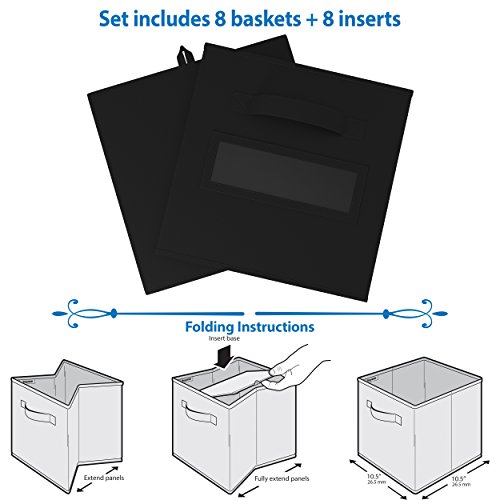 Royexe Storage Cubes - 11 Inch Cube Storage Bins (Set of 8). Features Large Label Window & Dual Handles & Fabric Cubby Organizer Baskets | Foldable Closet Shelf Organization Boxes (Black)